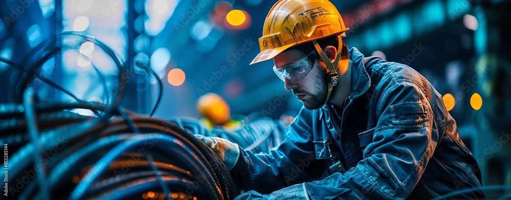 In the steel factory, workers wear safety helmets and work hard to coil ...