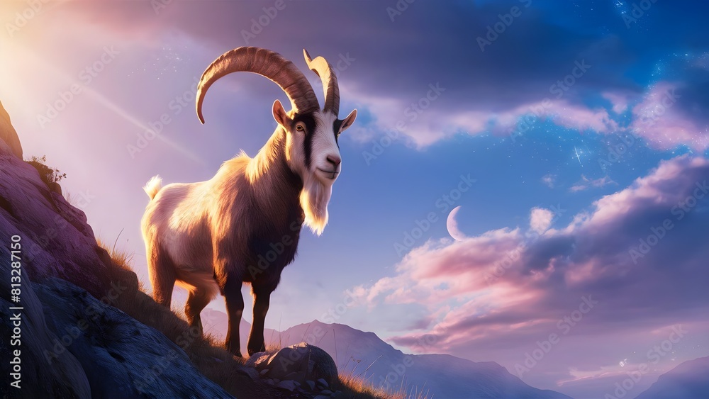 A Goat standing proudly on top of a rocky mountainside against a ...