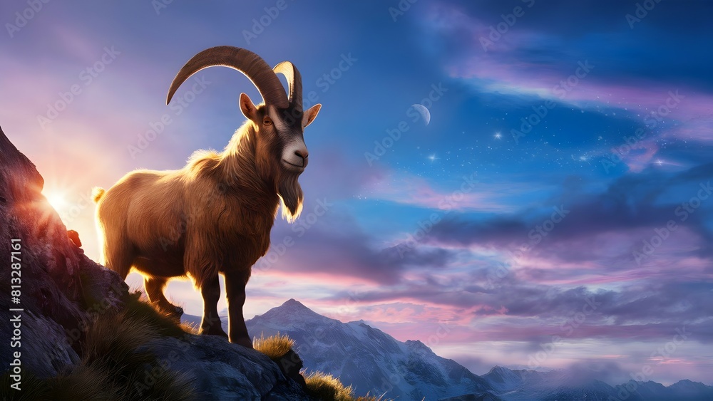 A Goat standing proudly on top of a rocky mountainside against a ...