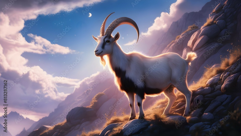 A Goat standing proudly on top of a rocky mountainside against a ...