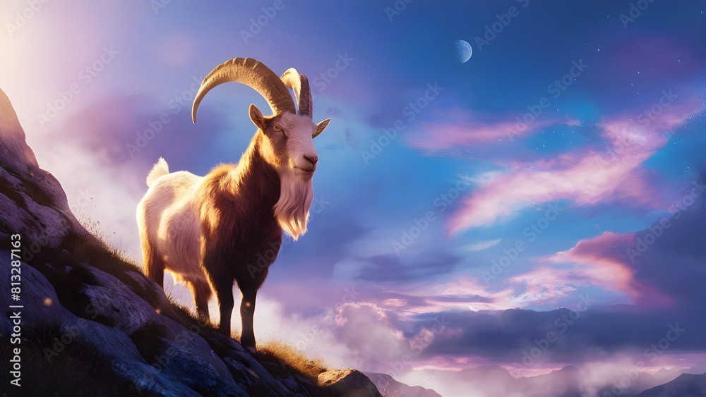 A Goat standing proudly on top of a rocky mountainside against a ...