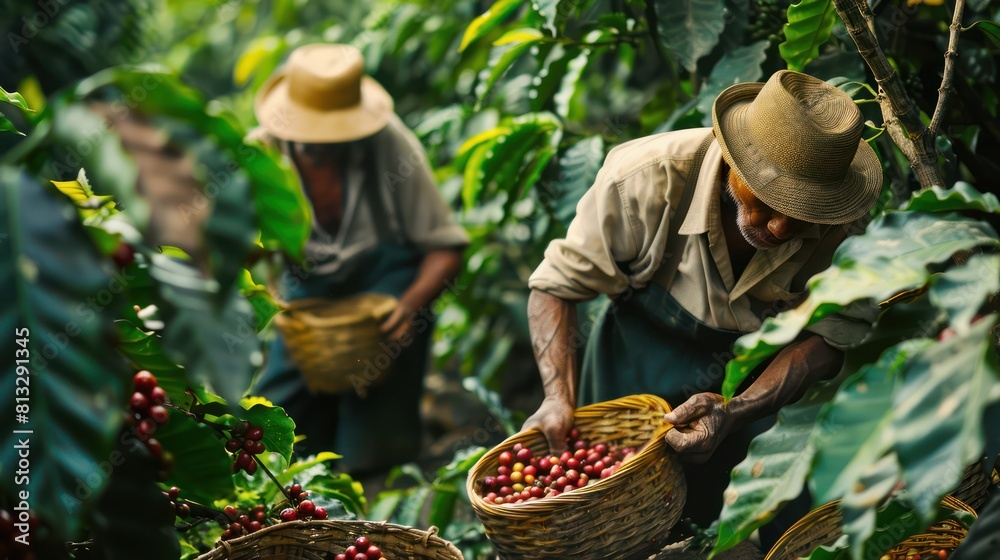 Coffee farmers work together in harmony. Each berry is carefully picked ...