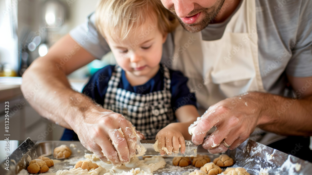 Dad and toddler son baking cookies in a modern kitchen Stock Photo ...