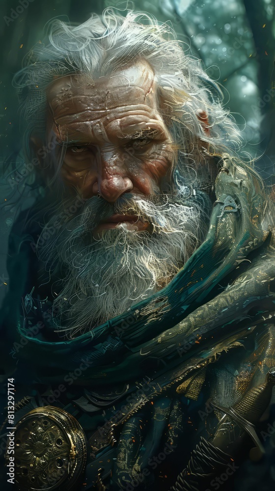A wise old man with a long white beard and green eyes. He is wearing a ...