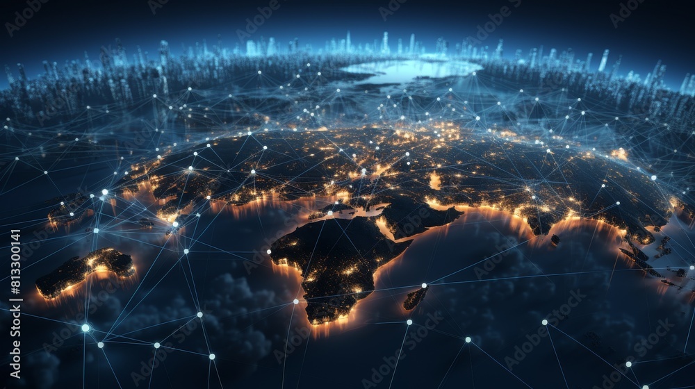 3D visualization of a global network with digital connections linking ...