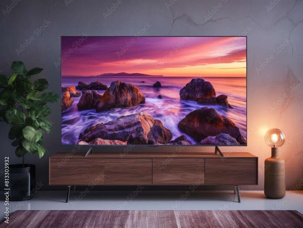 Smart LED TV mounted on a minimalist living room wall, displaying ...