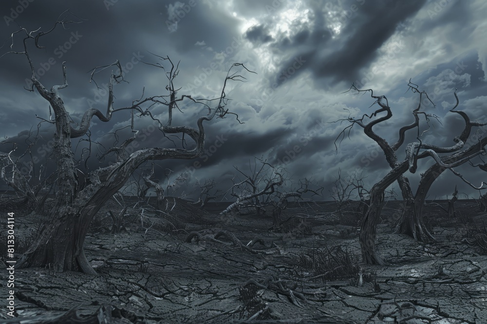 A desolate wasteland with barren trees and cracked earth under a sky ...