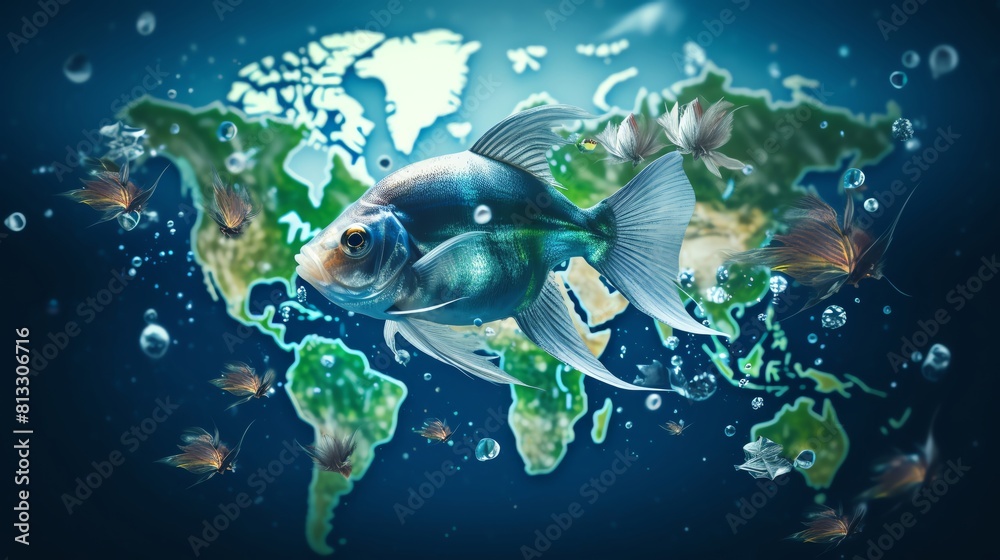 Amazing digital artwork of a fish made of planet Earth. Continents and ...