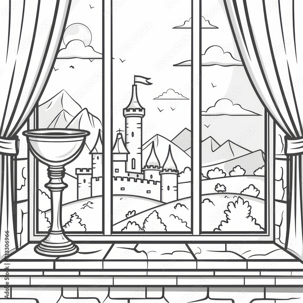 monochrome colouring page illustration of a goblet on the window sill ...