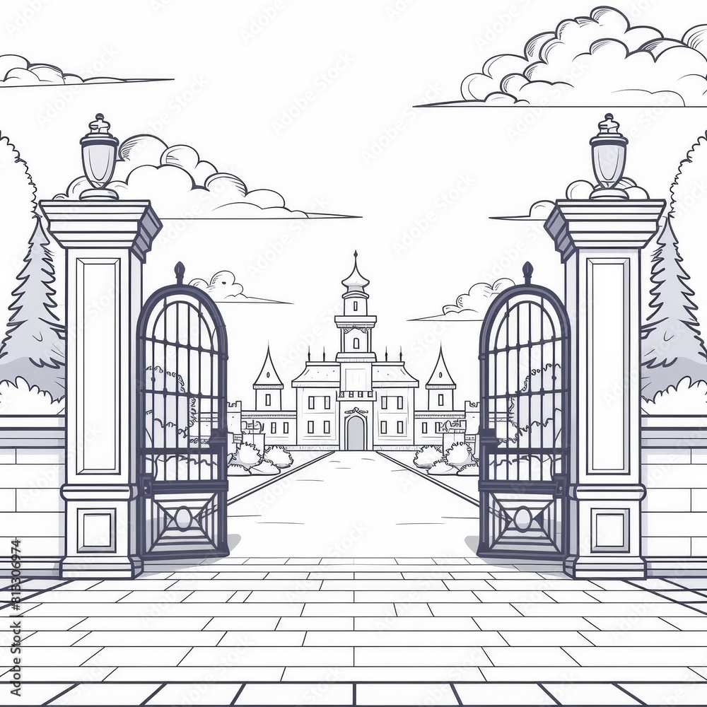 monochrome colouring page illustration of a Large gates of the fairy ...