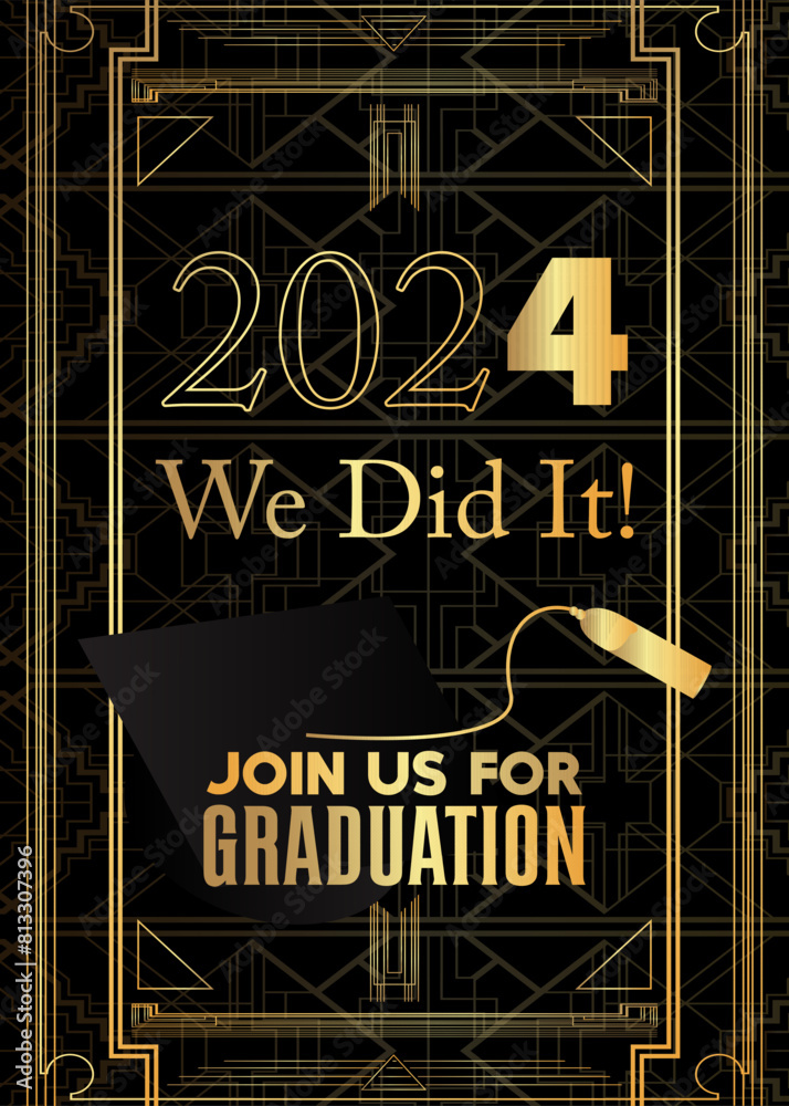 Black and gold class of 2024 Graduation design template. Vintage party ...