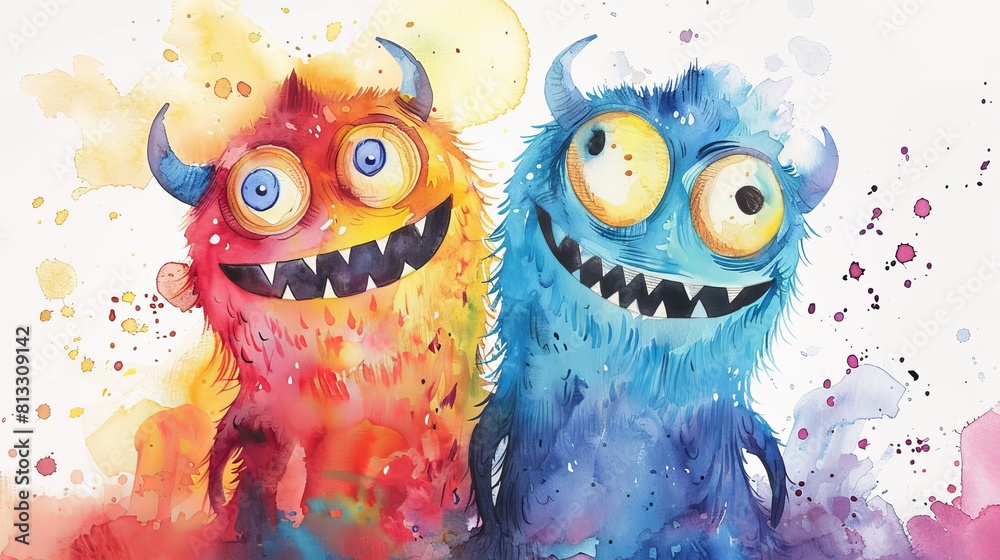 Playful watercolor of two cartoon monsters standing together, their ...