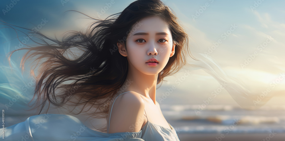 Young asian woman with long brown hair blown by wind looking at camera ...