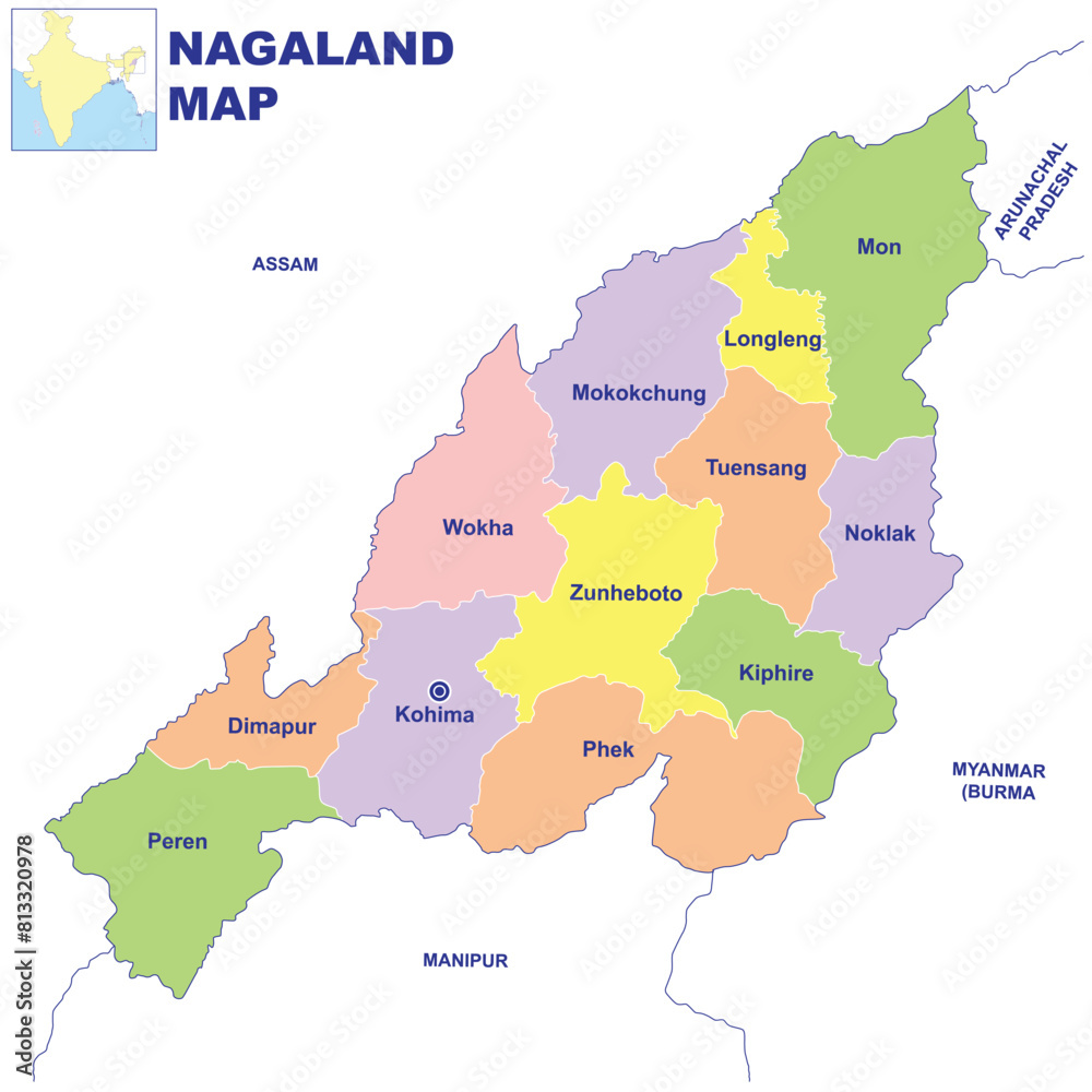 Detailed vector Illustration of Nagaland District map with neighbour ...