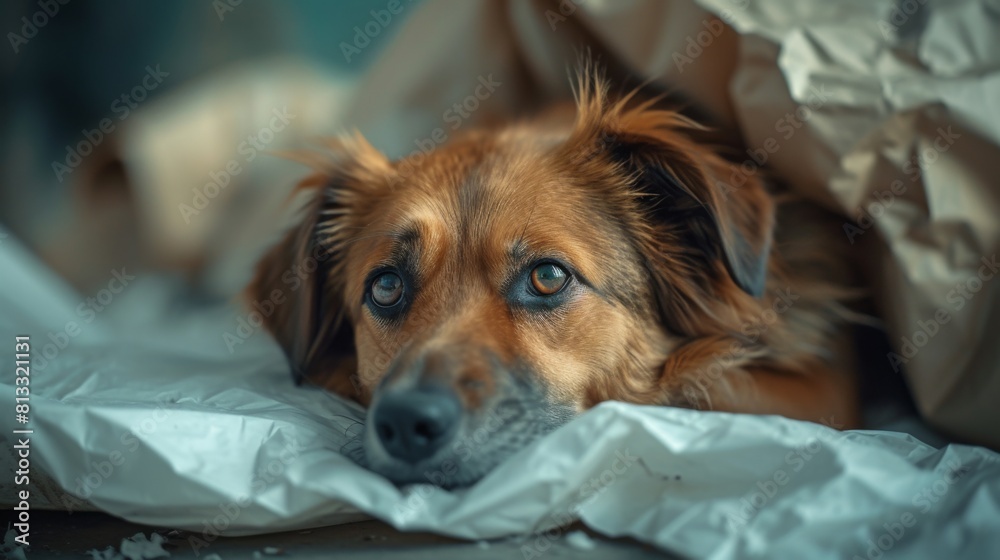 Sad street dog with a gaunt appearance and sorrowful eyes, evoking a ...