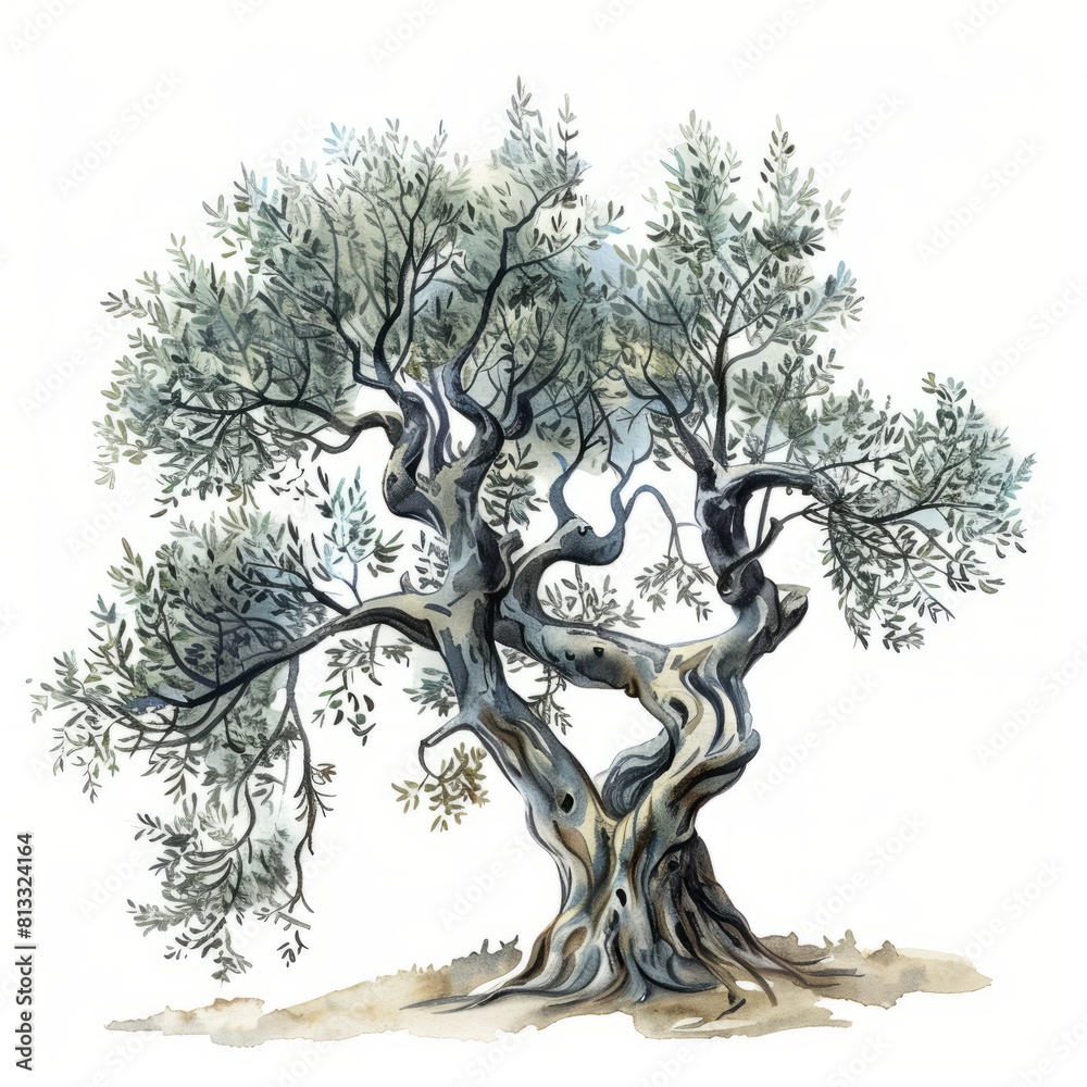 Watercolor painting of a tranquil olive tree grove with silvery-green ...