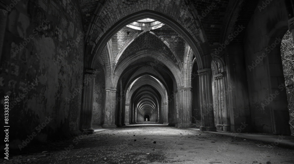 shot of hallway in black and white at the crypt at fountains abbey ...