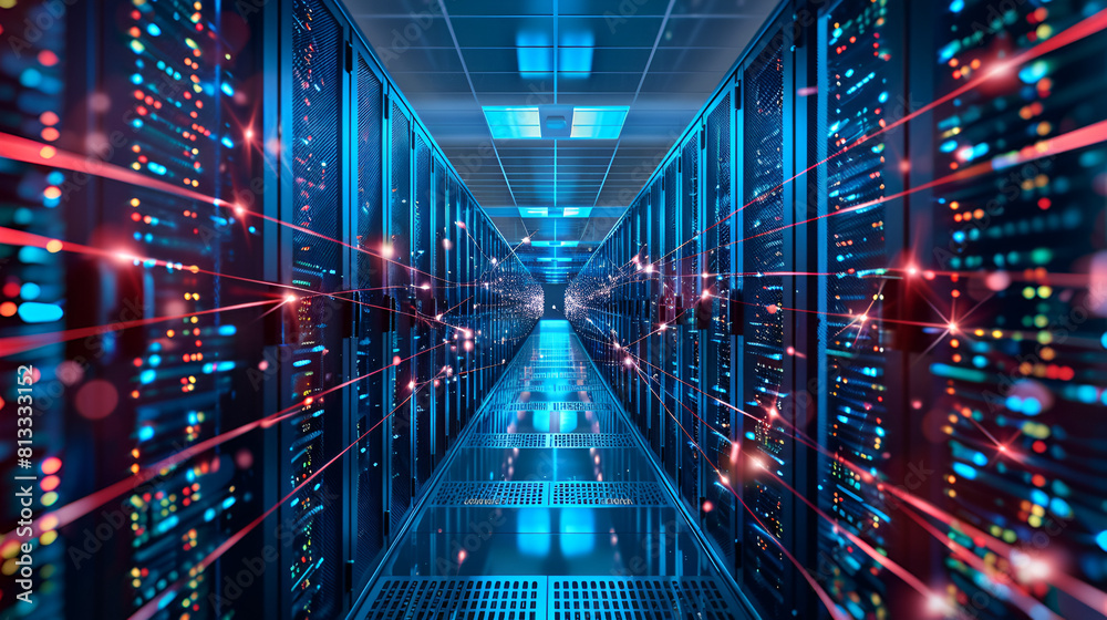 Network of Servers and Data Centers Connected via Fiber Optic Cables ...