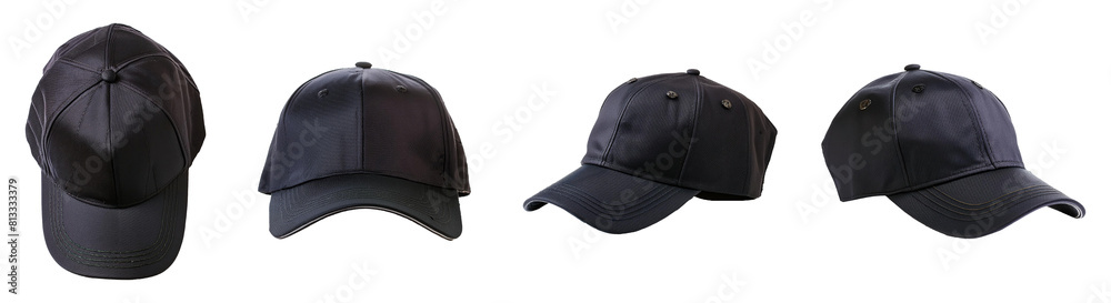 set of front, side and top view black baseball cap hat isolated on ...
