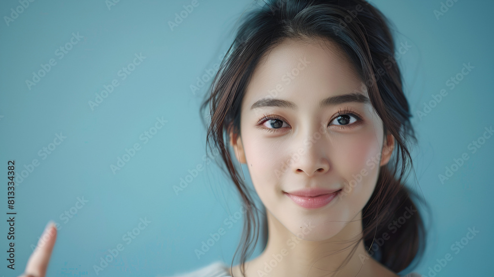 Asian Woman Pointing and Presenting with Copy Space on Light Blue ...