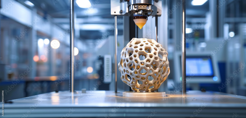 A 3D printer in action, creating intricate objects layer by layer with precision, in a clean and ...