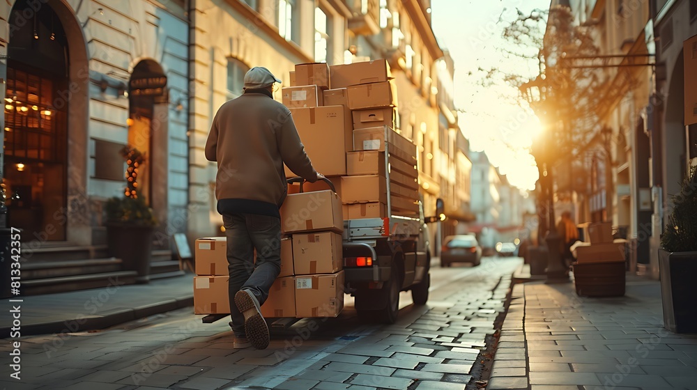 Delivery Man Uses Hand Truck Trolley Full of Cardboard Boxes and ...
