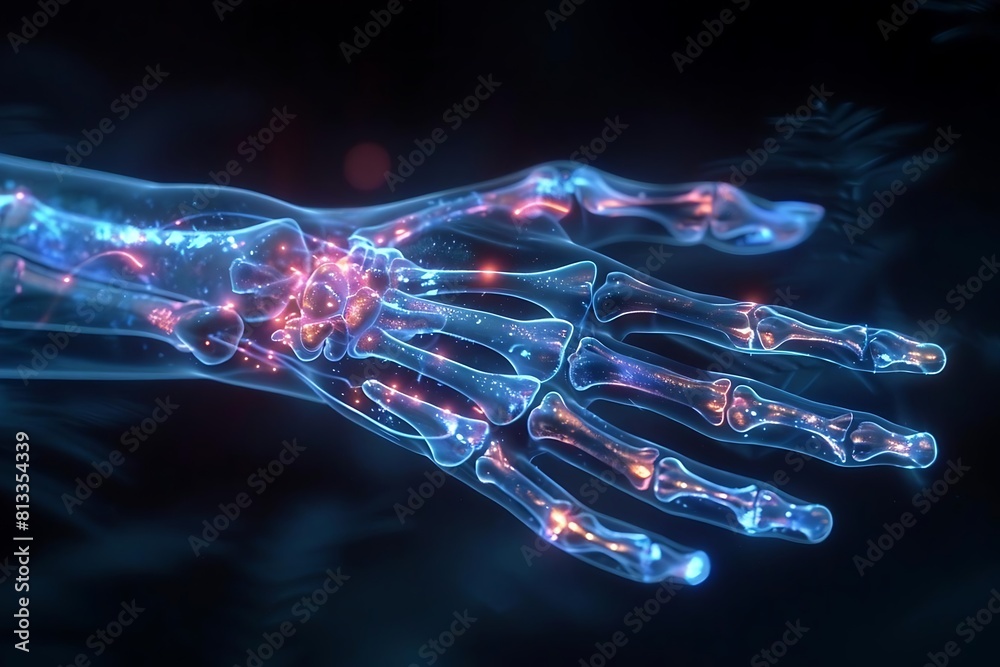 anatomically accurate human skeletal hand with glowing red pain points ...