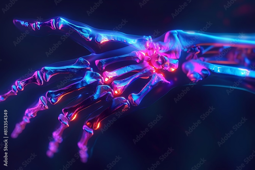 anatomically accurate human skeletal hand with glowing red pain points ...
