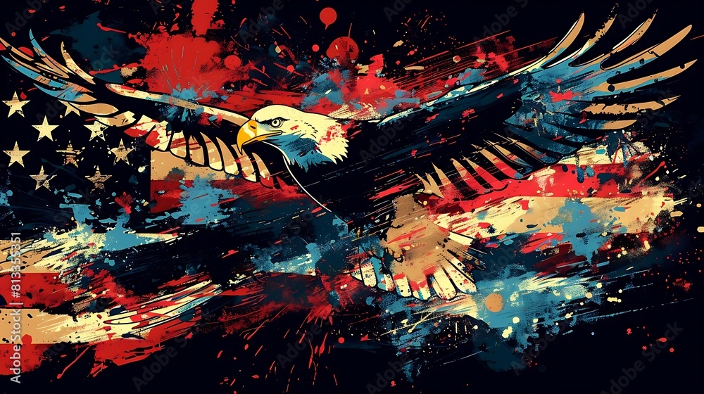 American bald eagle soaring in front of a stylized United States flag ...