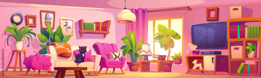 Living room interior with girly pink furniture and decorative elements ...