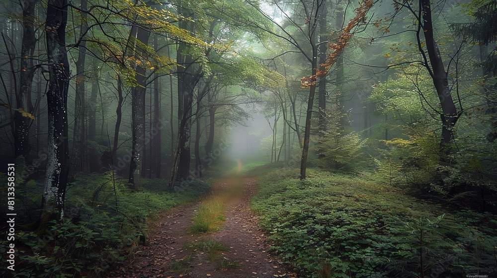 The image is a beautiful landscape photograph of a foggy forest path ...