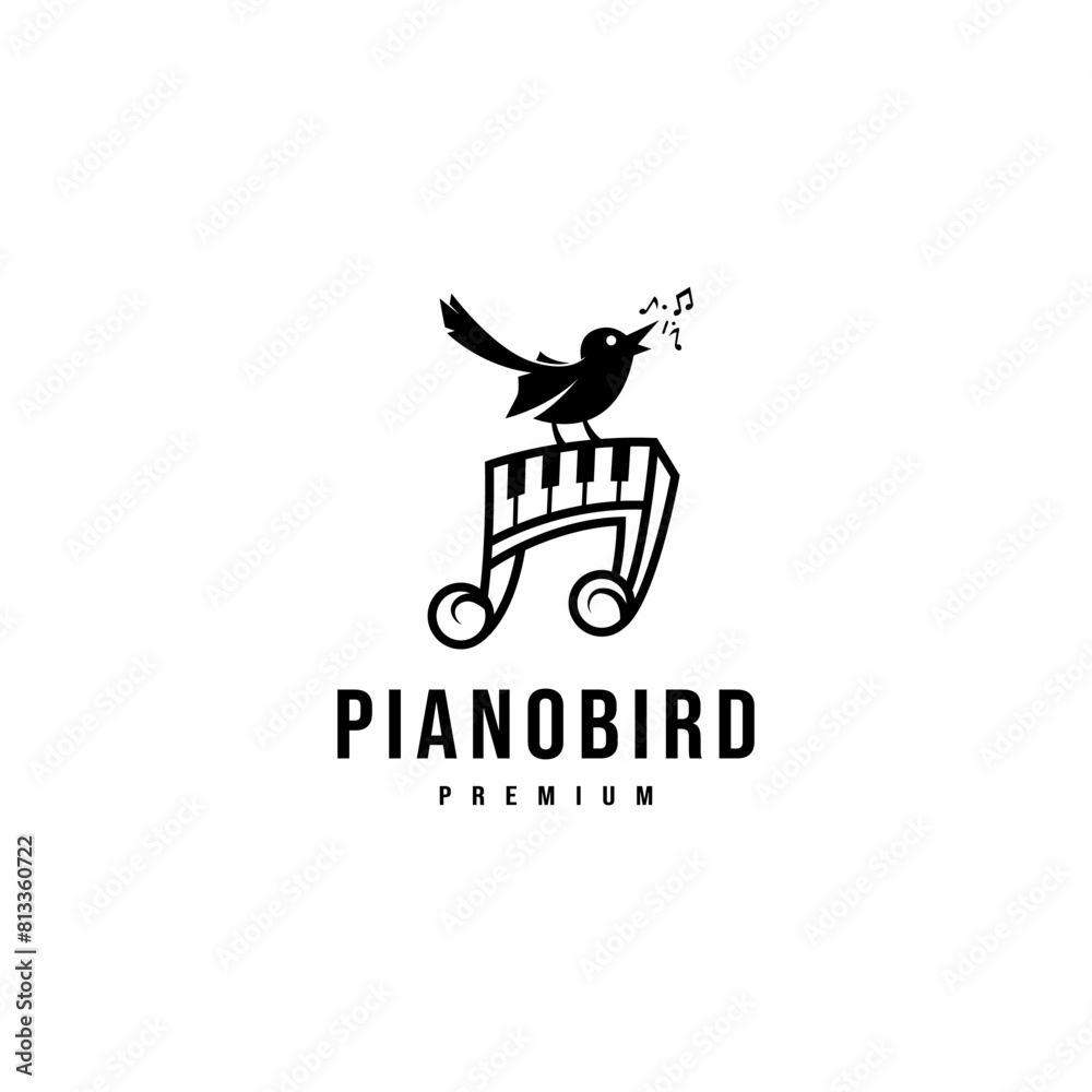 piano and singing bird illustration for music key notes logo design ...