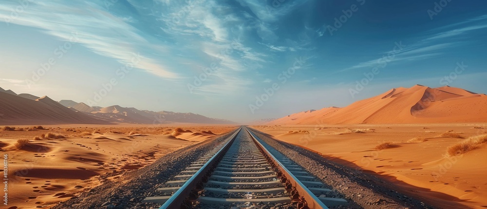 The train tracks cut through a vast desert landscape, with towering ...