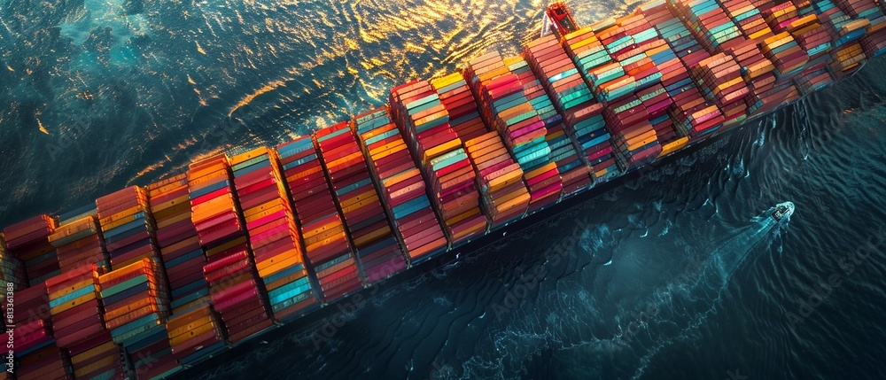 An aerial perspective of a container ship laden with cargo containers ...