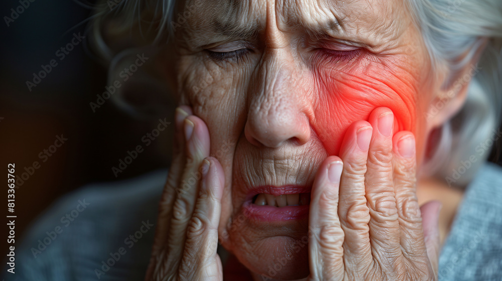 Elderly woman, 70s, holding cheek, red glow, symbolizing toothache ...