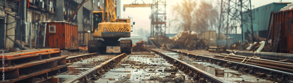 A vintagestyle photo of an old construction site with steel bars and ...