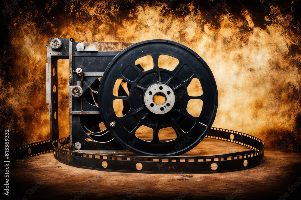 old film cinematic backdrop , loader film reel 35 mm with burned leaks ...