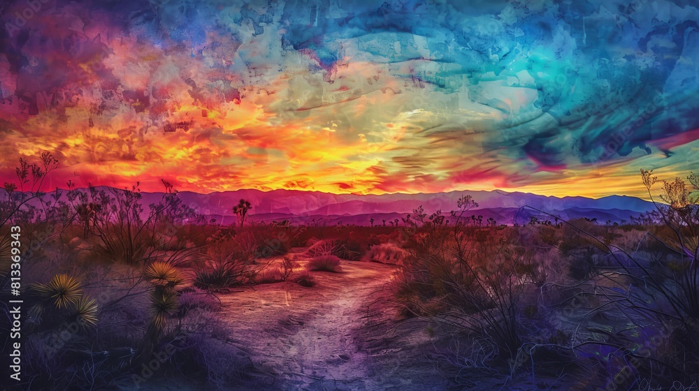 Artistic street art depicting a colorful sunset in the desert of Indio ...