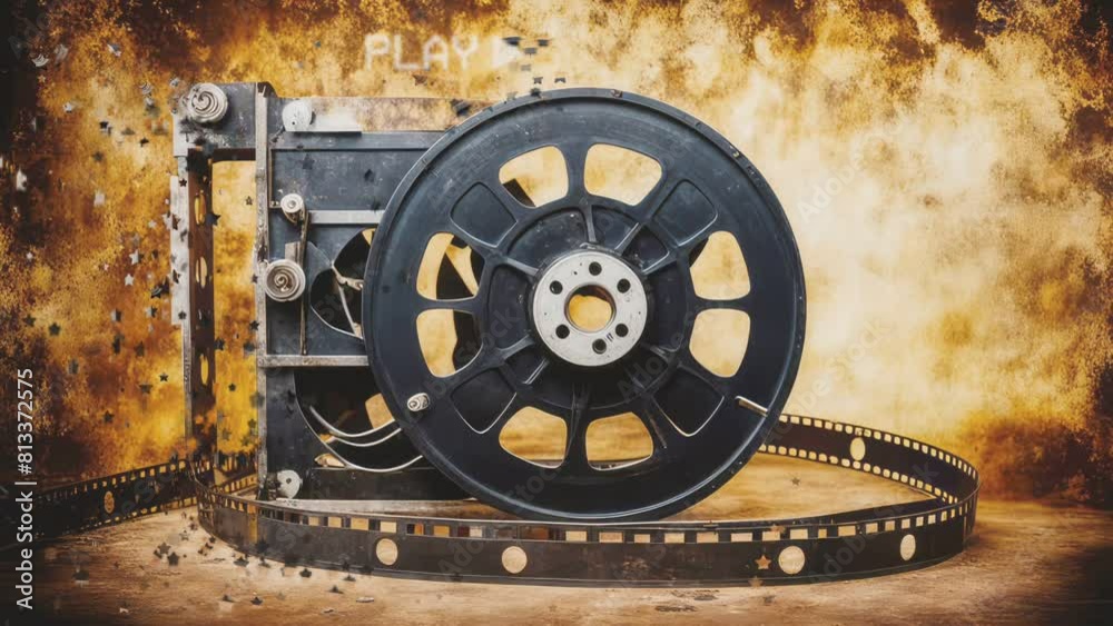 old film cinematic backdrop , loader film reel 35 mm with burned leaks ...
