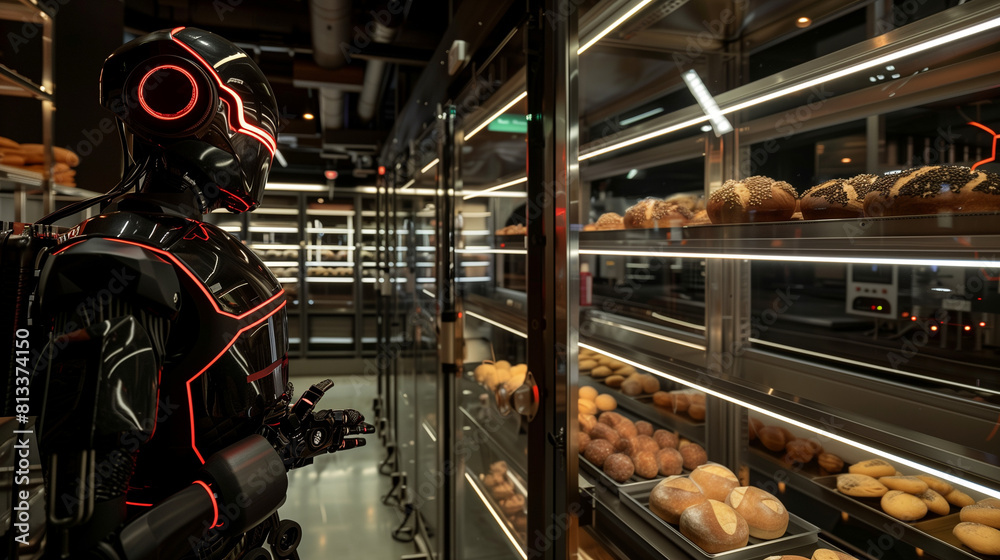Futuristic robot guards entrance to fully automated bakery, with high ...