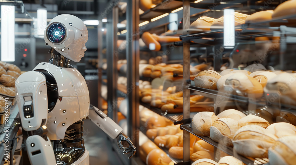 Futuristic robot guards entrance to fully automated bakery, with high ...