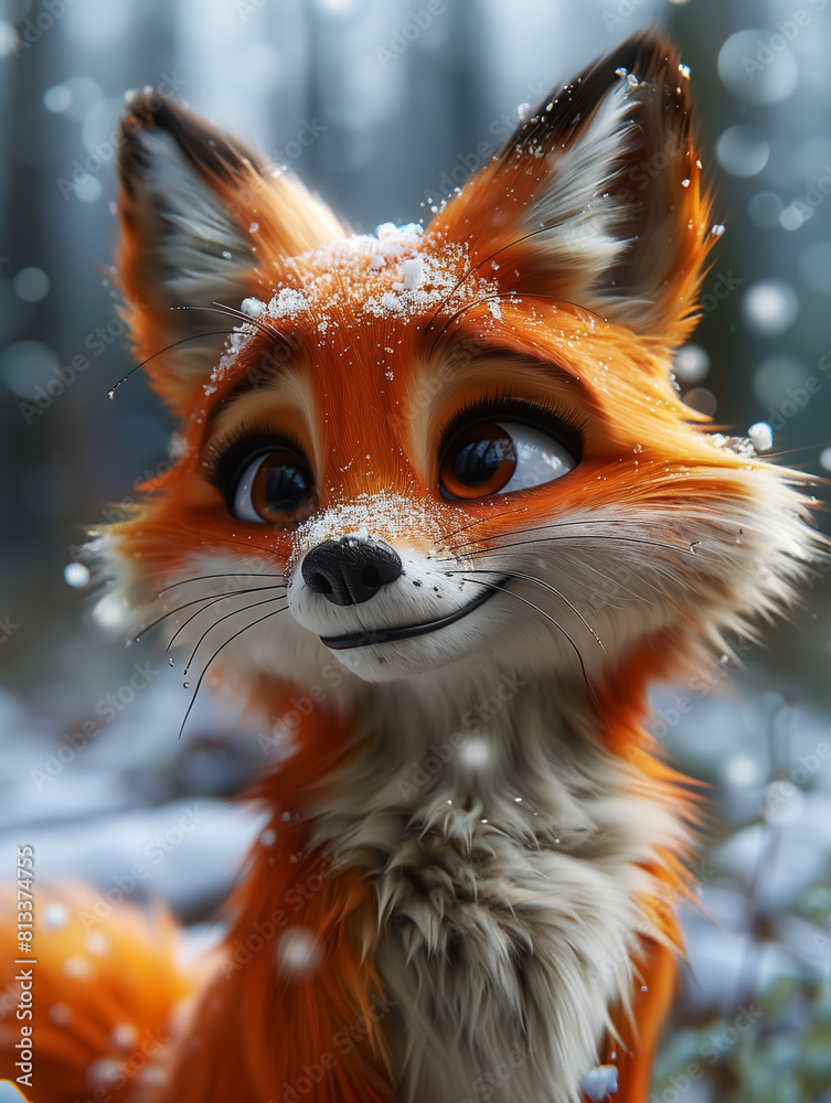 cute red fire fox cartoon, 3D wild animal character portrait. Wall Art ...