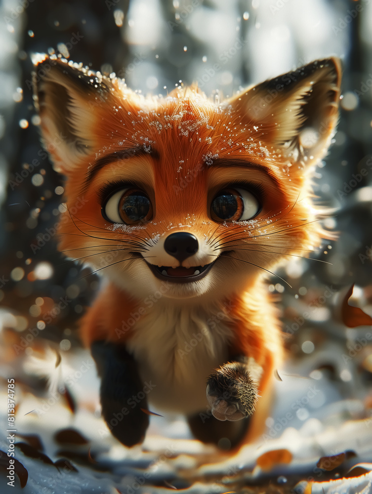 cute red fire fox cartoon, 3D wild animal character portrait. Wall Art ...