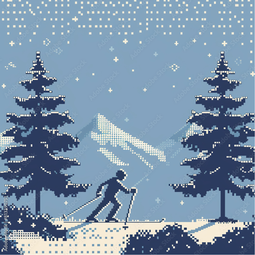 pixel art, clipart of nordic skiing pattern in the style of blue and ...