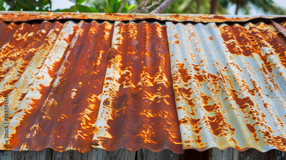 Weathered rusty corrugated metal roof in bright daylight, showcasing ...