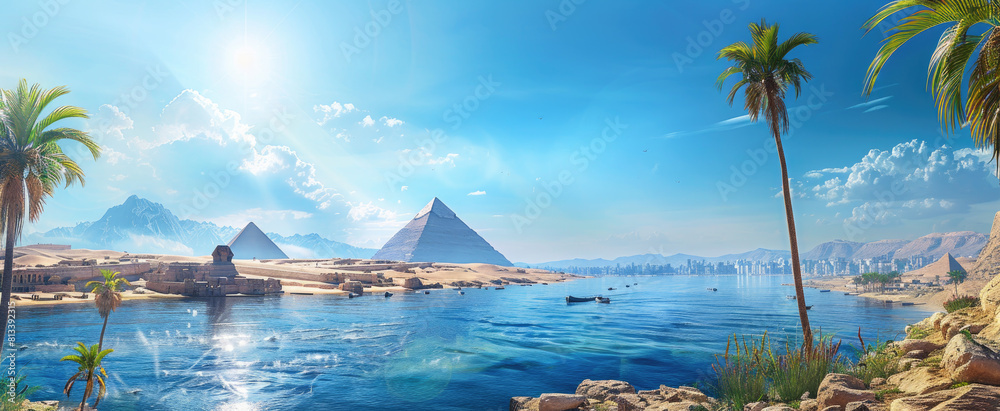 A panoramic view of the Nile River with ancient Egyptian pyramids and ...