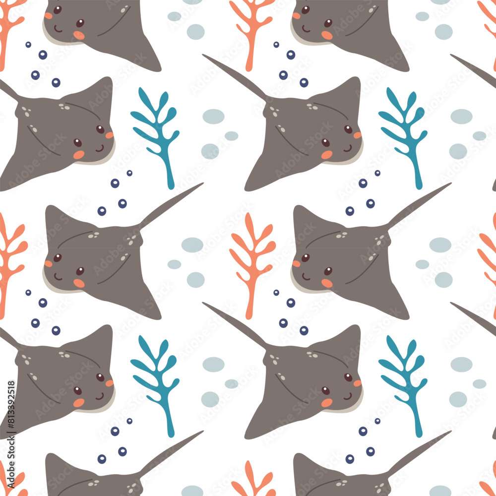 Vector pattern illustration .Manta ray fishes, marine animals, sea ...