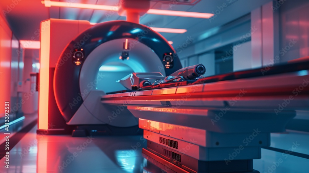 View from the side of a modern cancer therapy machine delivering ...