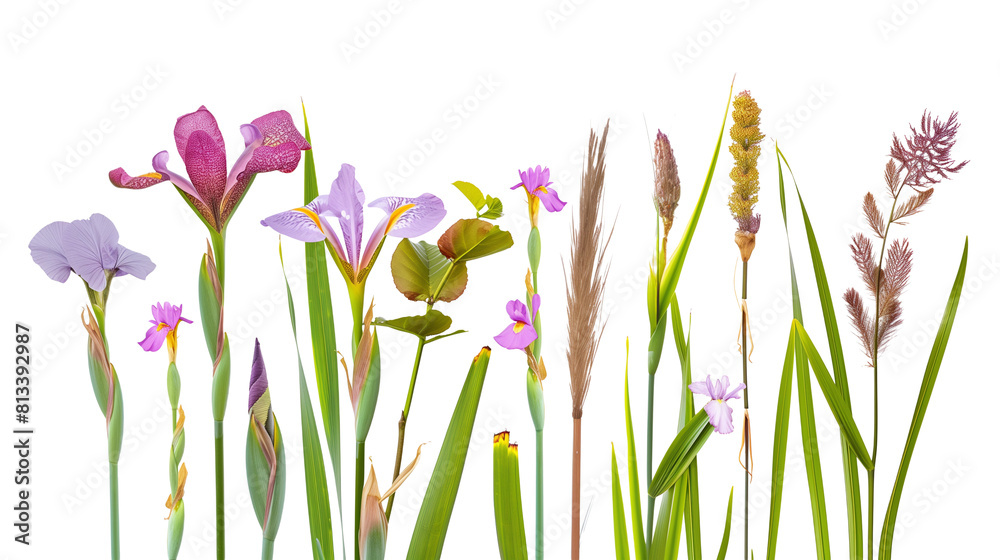 Set of wetland flowers including water iris, cattail, and swamp ...
