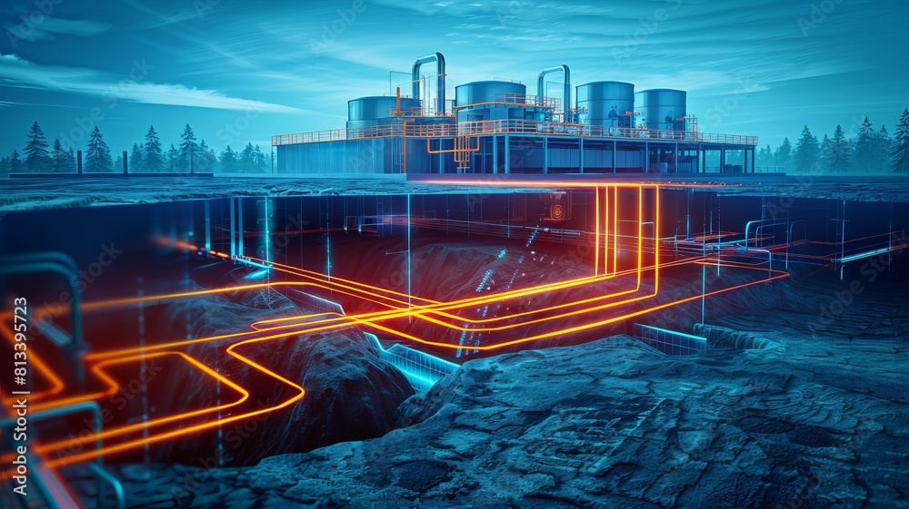 Visualization of geothermal heat flow, front view, thermal energy ...